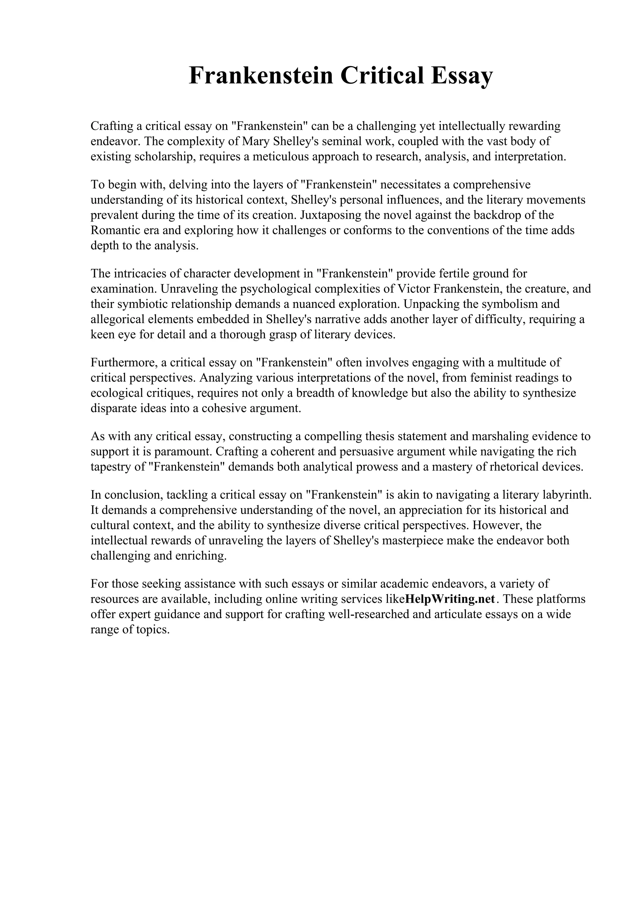 Frankenstein Critical Essay | PDF