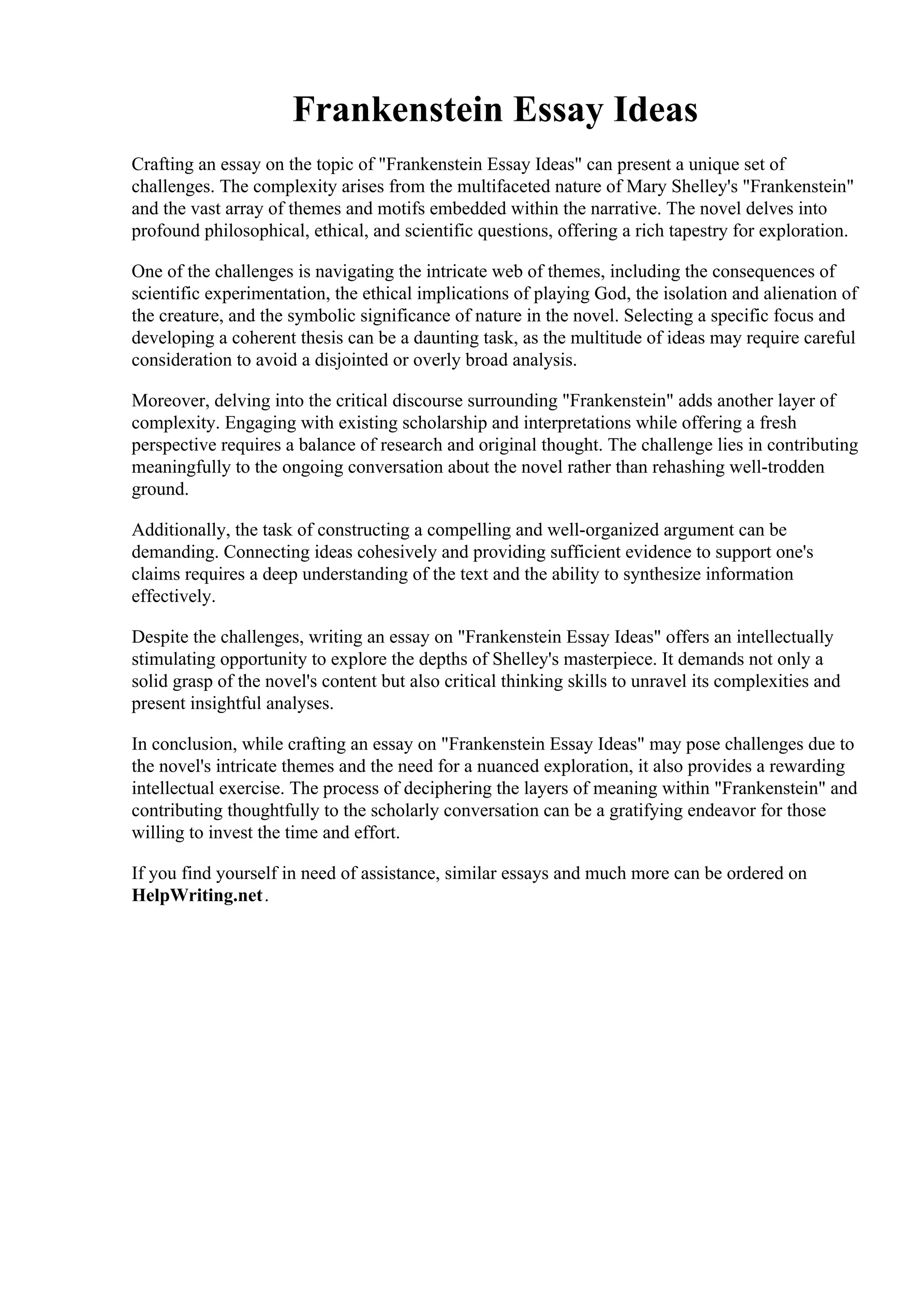 Frankenstein Essay Ideas | PDF