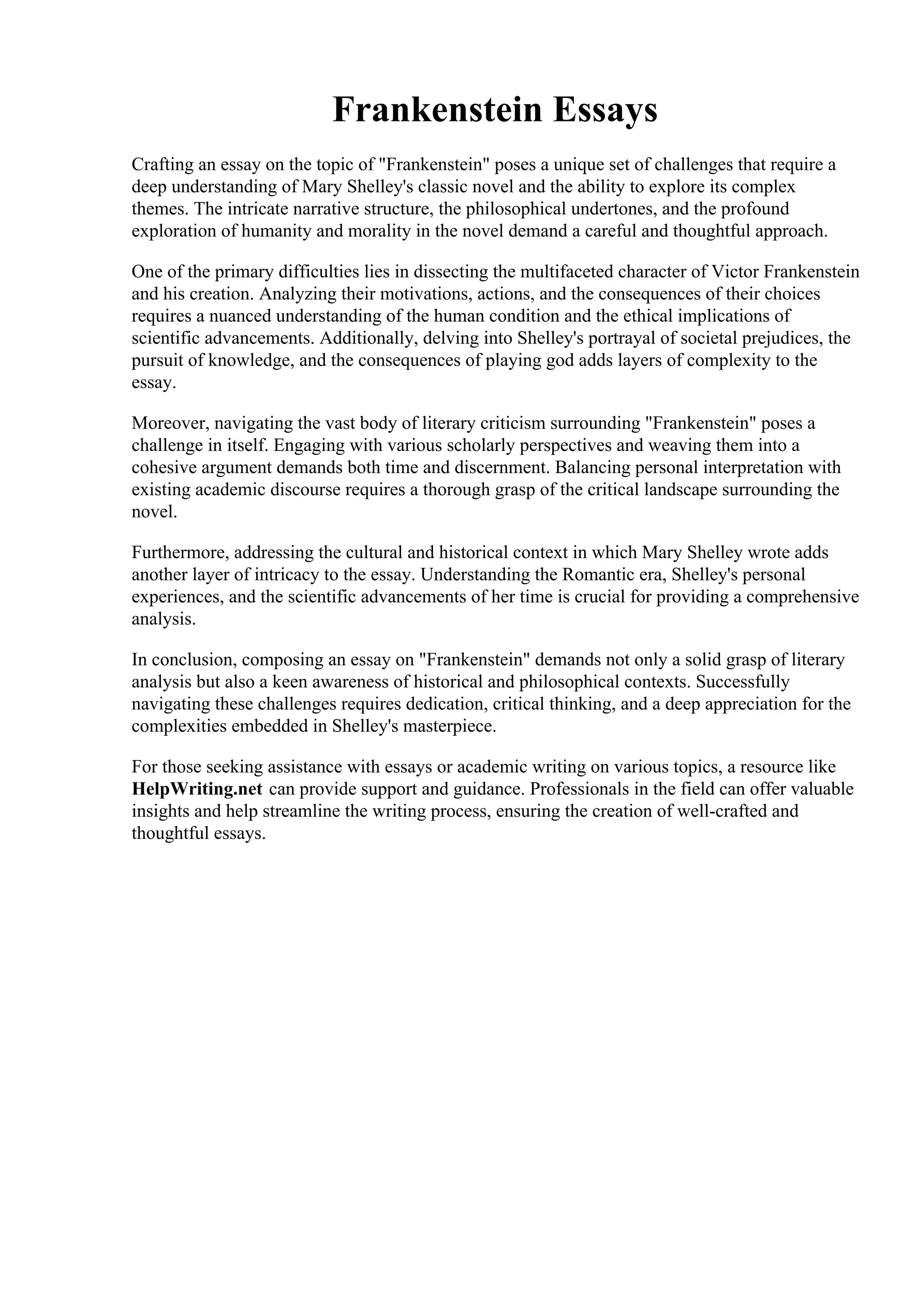 Frankenstein Essays. Frankenstein Essay English Advanced - Year 12 HSC ...