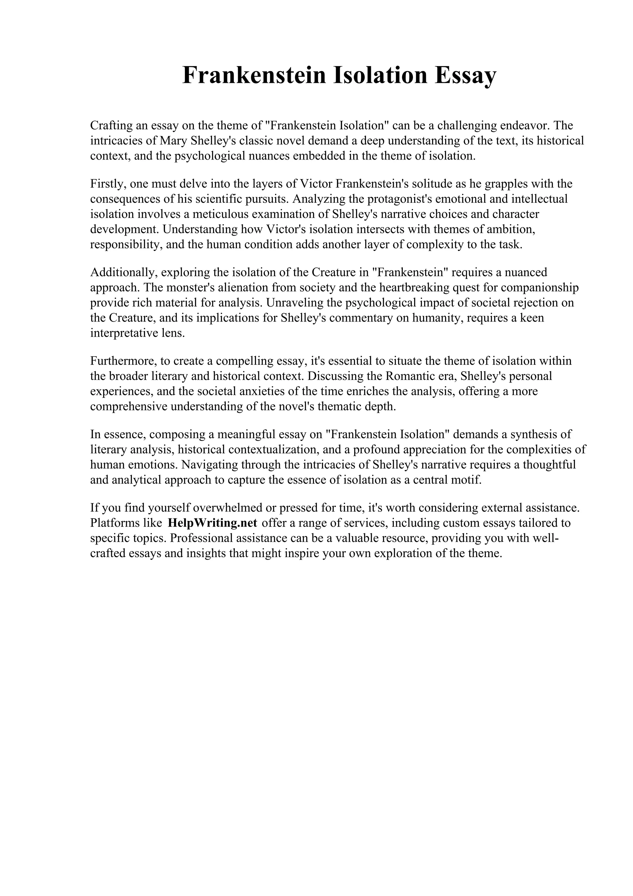 Frankenstein Isolation Essay. Universidad Cristiana Logos | PDF