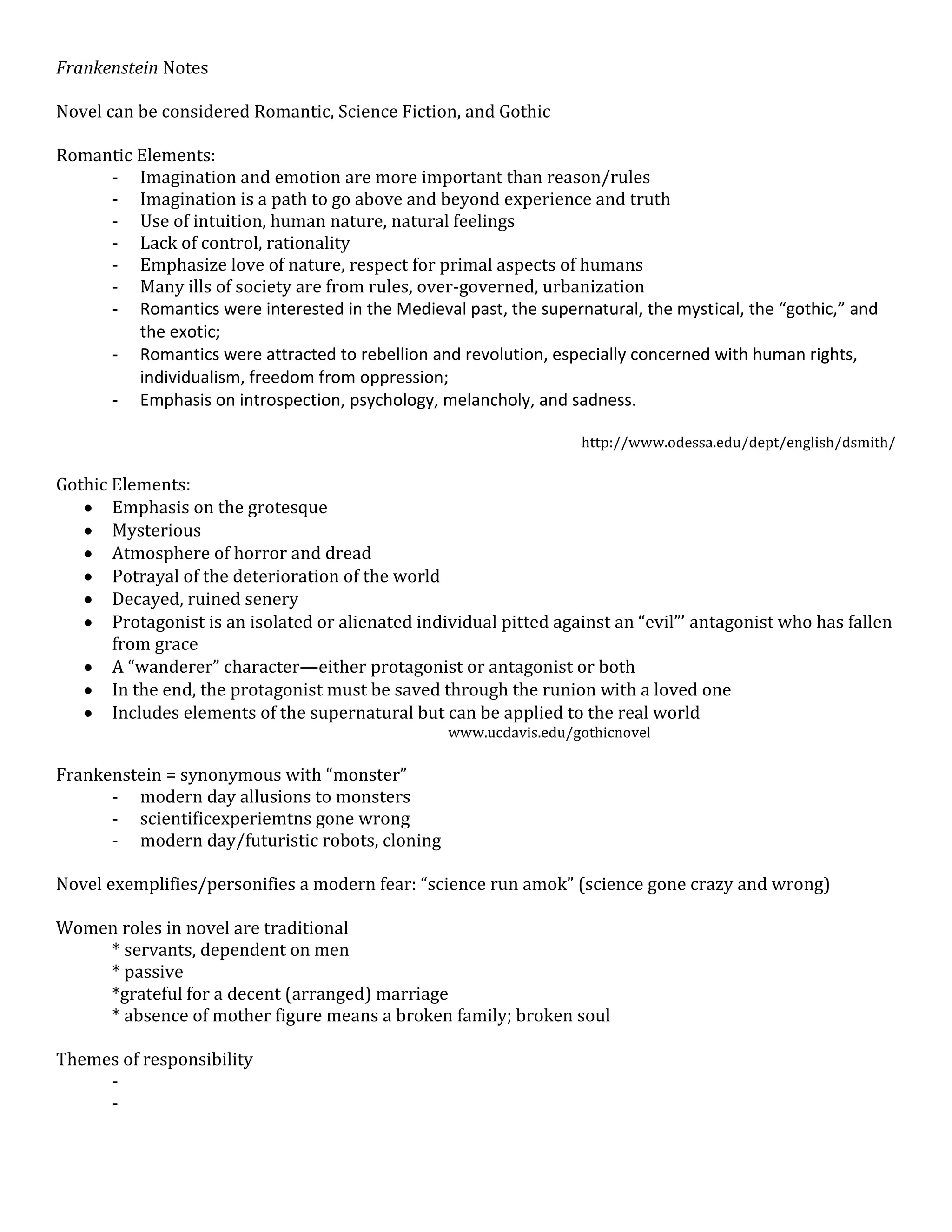 Frankenstein notes | DOCX | Science Fiction | Genres