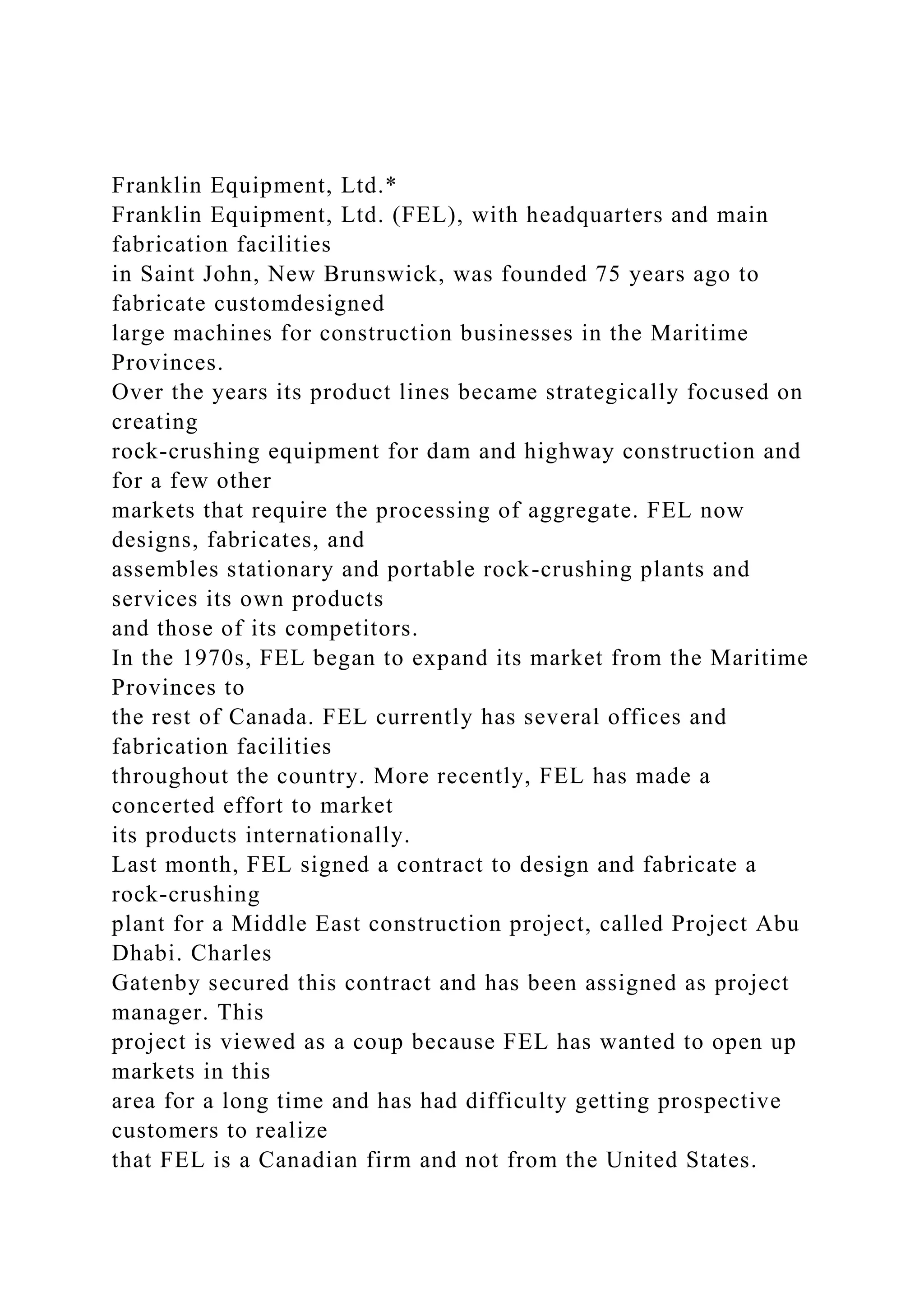 Franklin Equipment, Ltd.Franklin Equipment, Ltd. (FEL), with he.docx