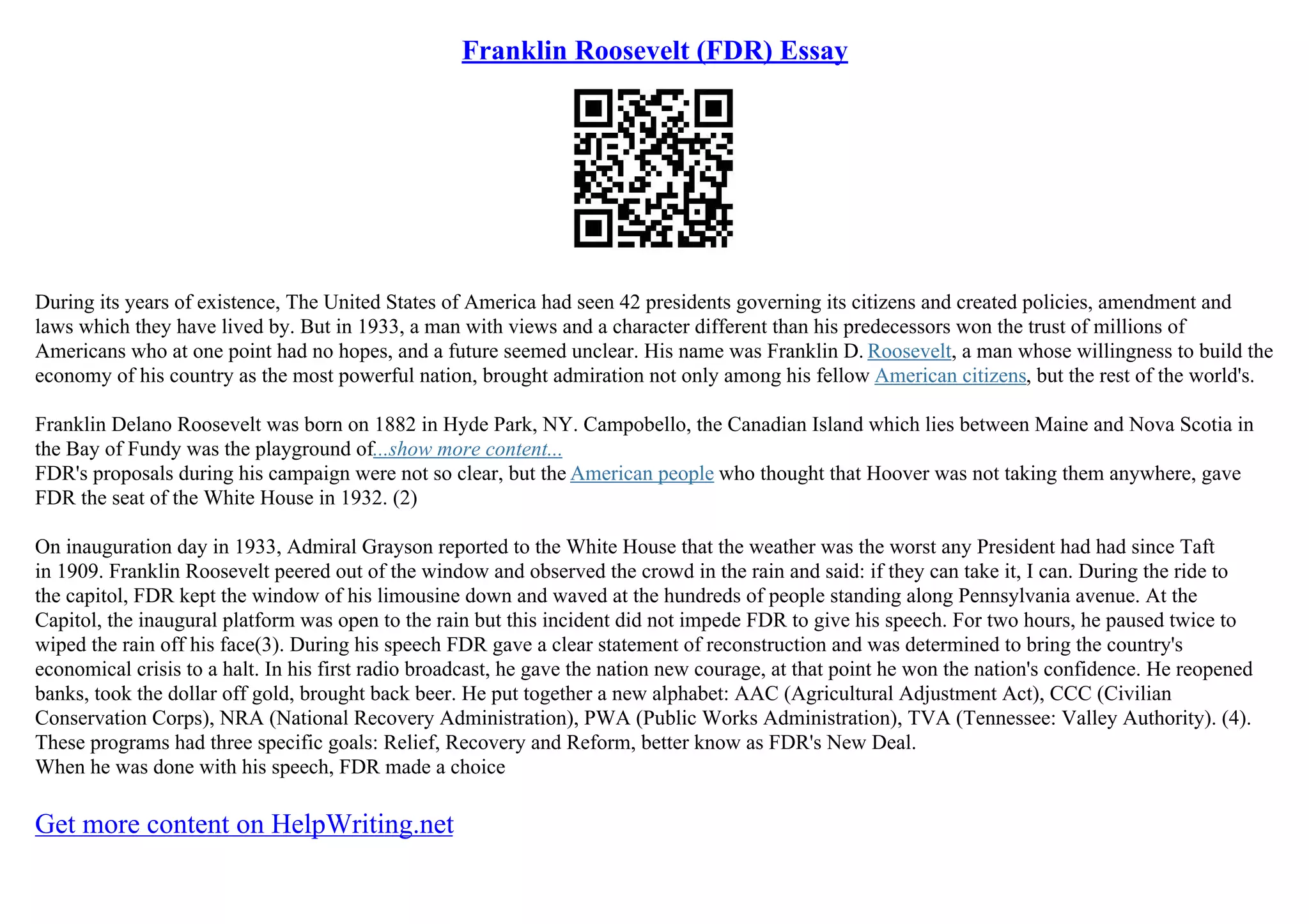 Franklin Roosevelt (FDR) Essay | PPT