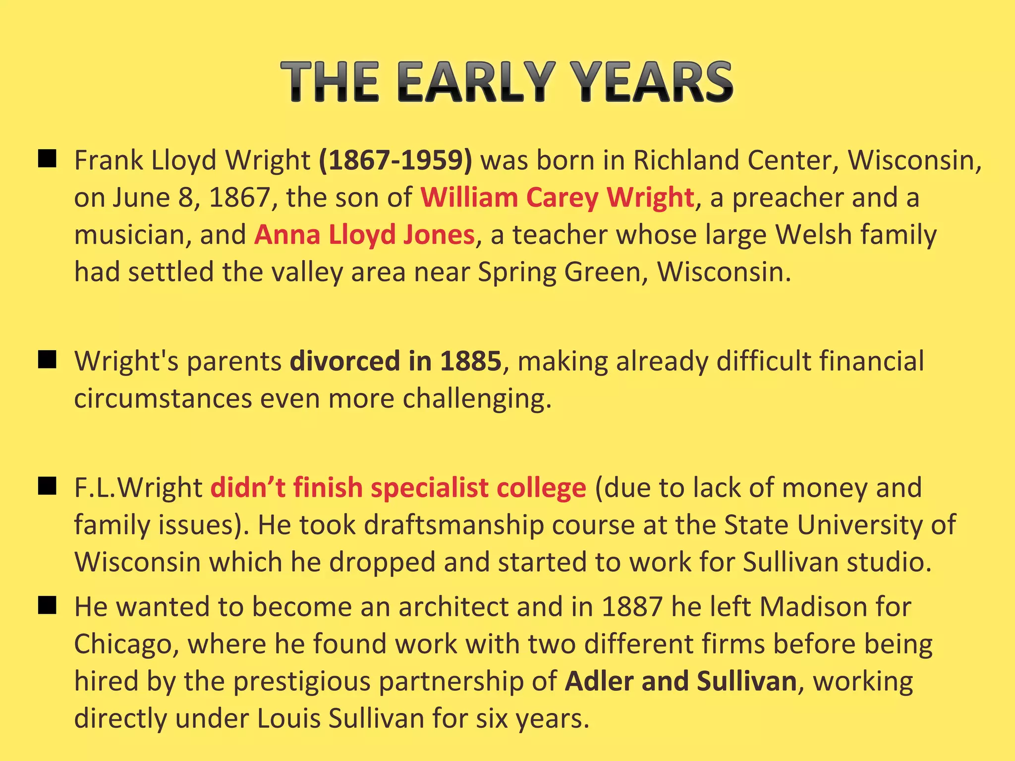 Frank Lloyd Wright Influences and stages in career | PPTX