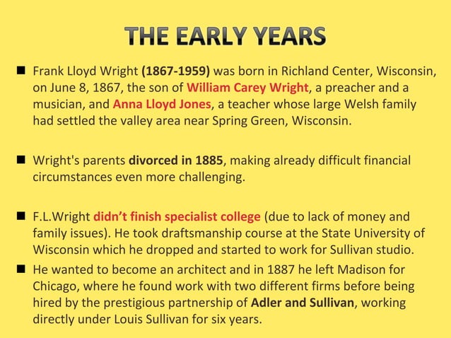 Frank Lloyd Wright Influences and stages in career | PPTX