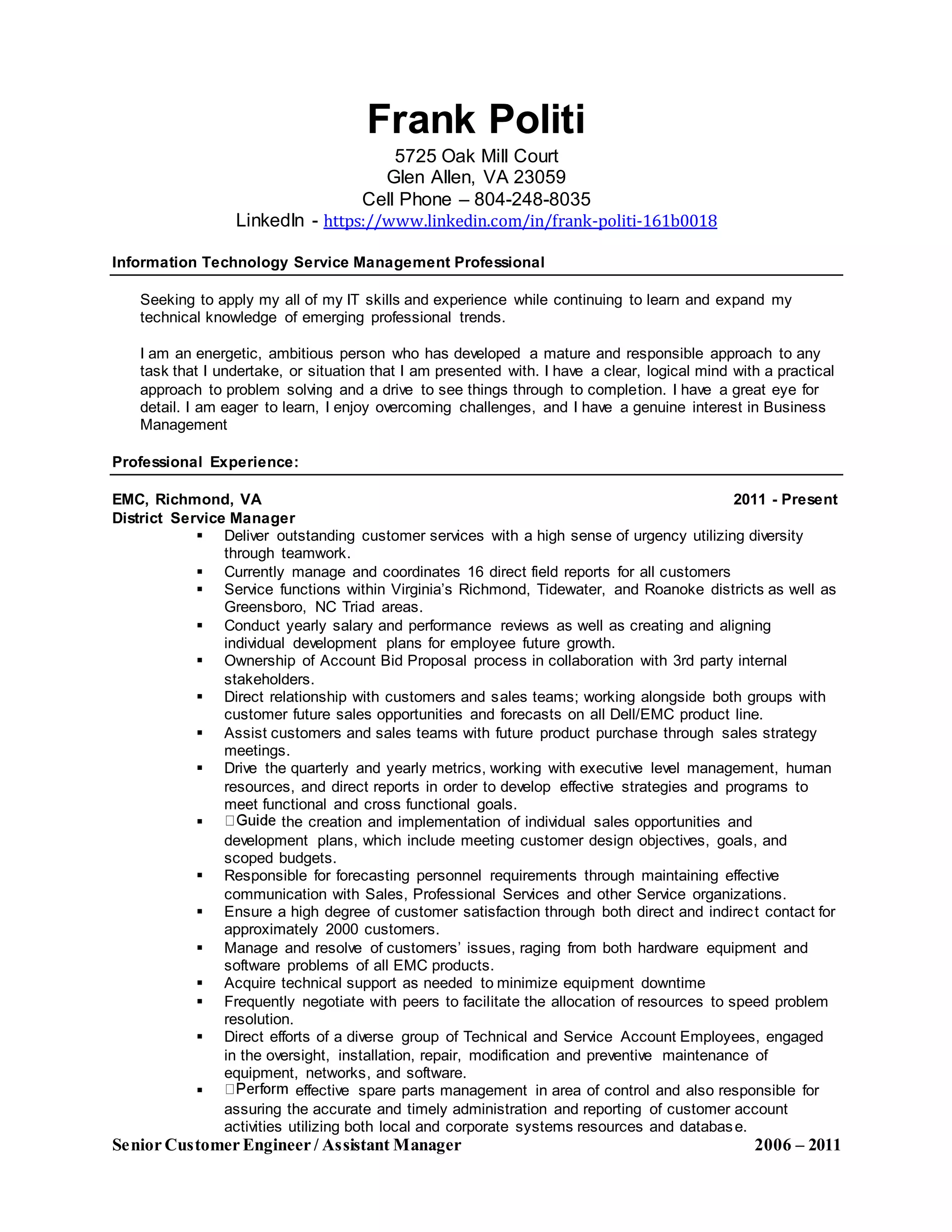 Frank Politi's Resume | DOCX | IT and Internet Support | Internet