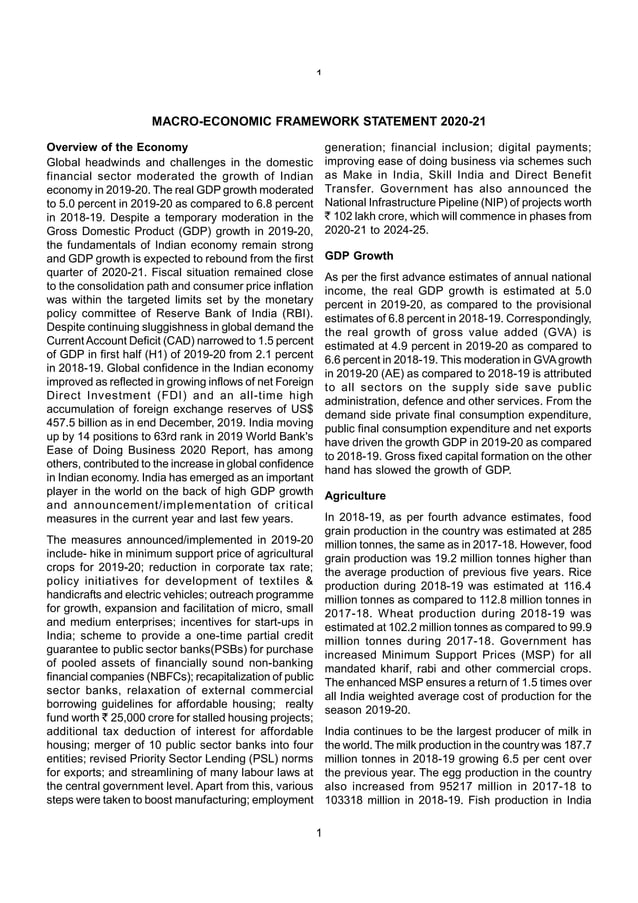 Union Budget- MACRO-ECONOMIC FRAMEWORK STATEMENT 2020-21