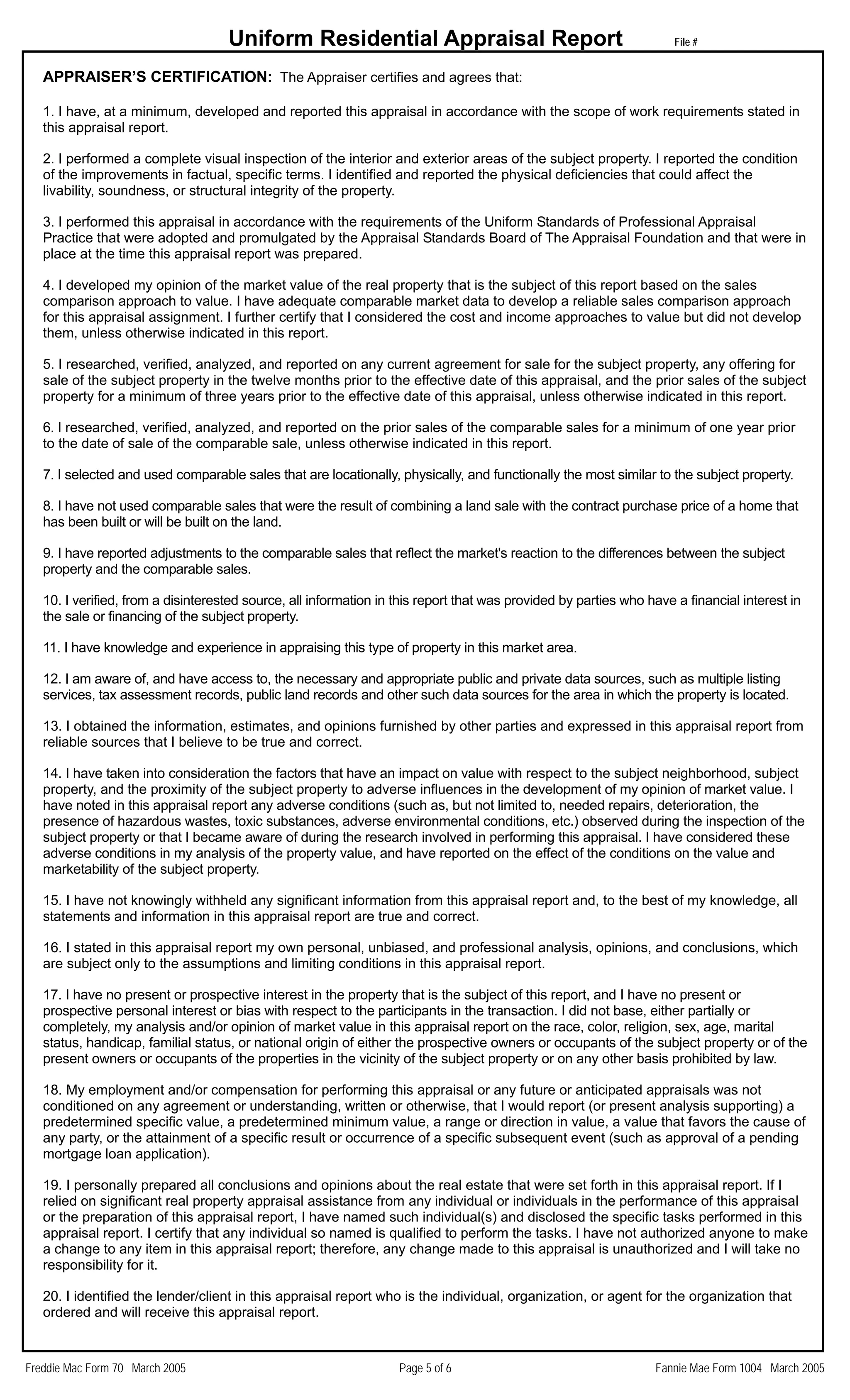 Freddie Mac Blank Appraisal - Form 70 | PDF