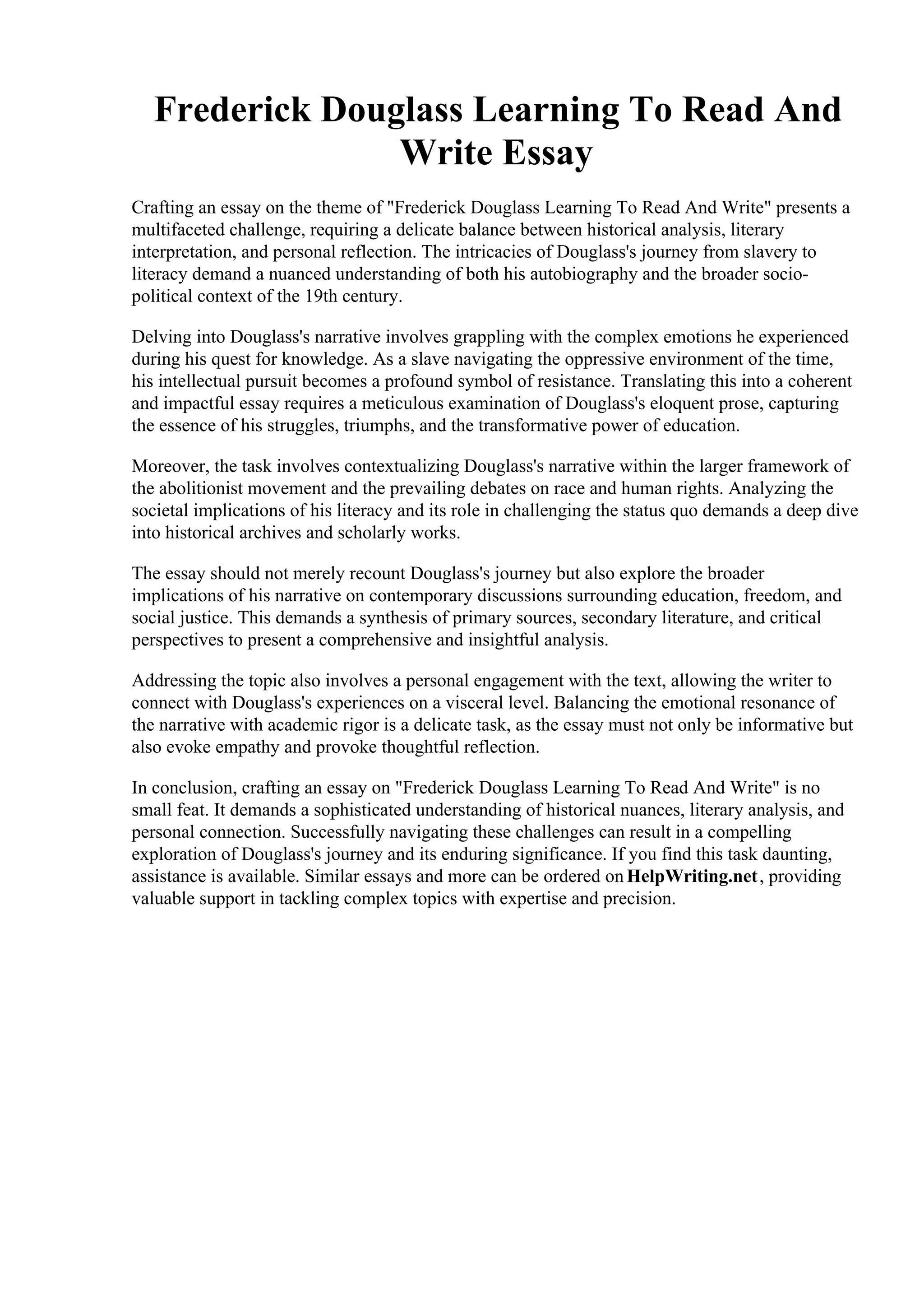 Frederick Douglass Learning To Read And Write Essay | PDF