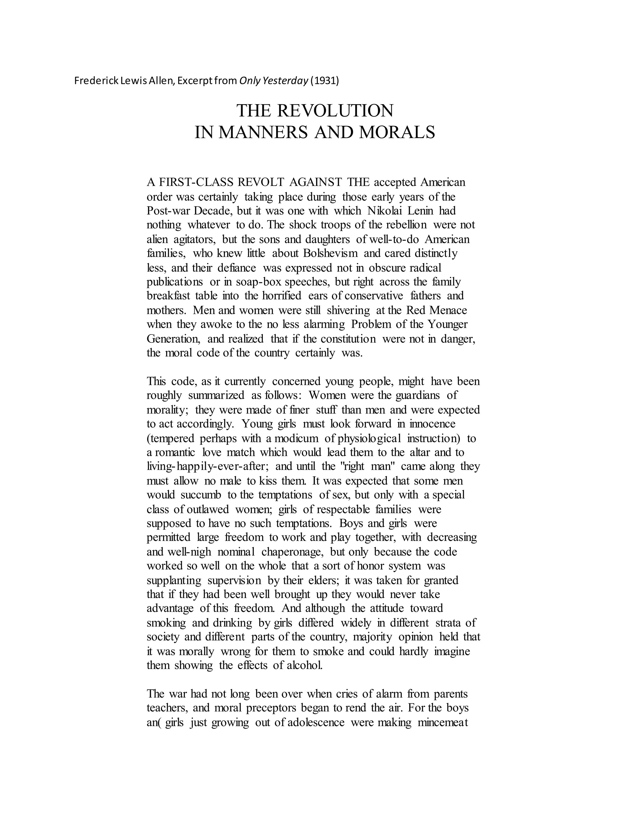 Frederick lewis allen the revolution in morals and manners | DOC