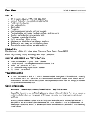 Fred Miles Junior Developer Resume | PDF