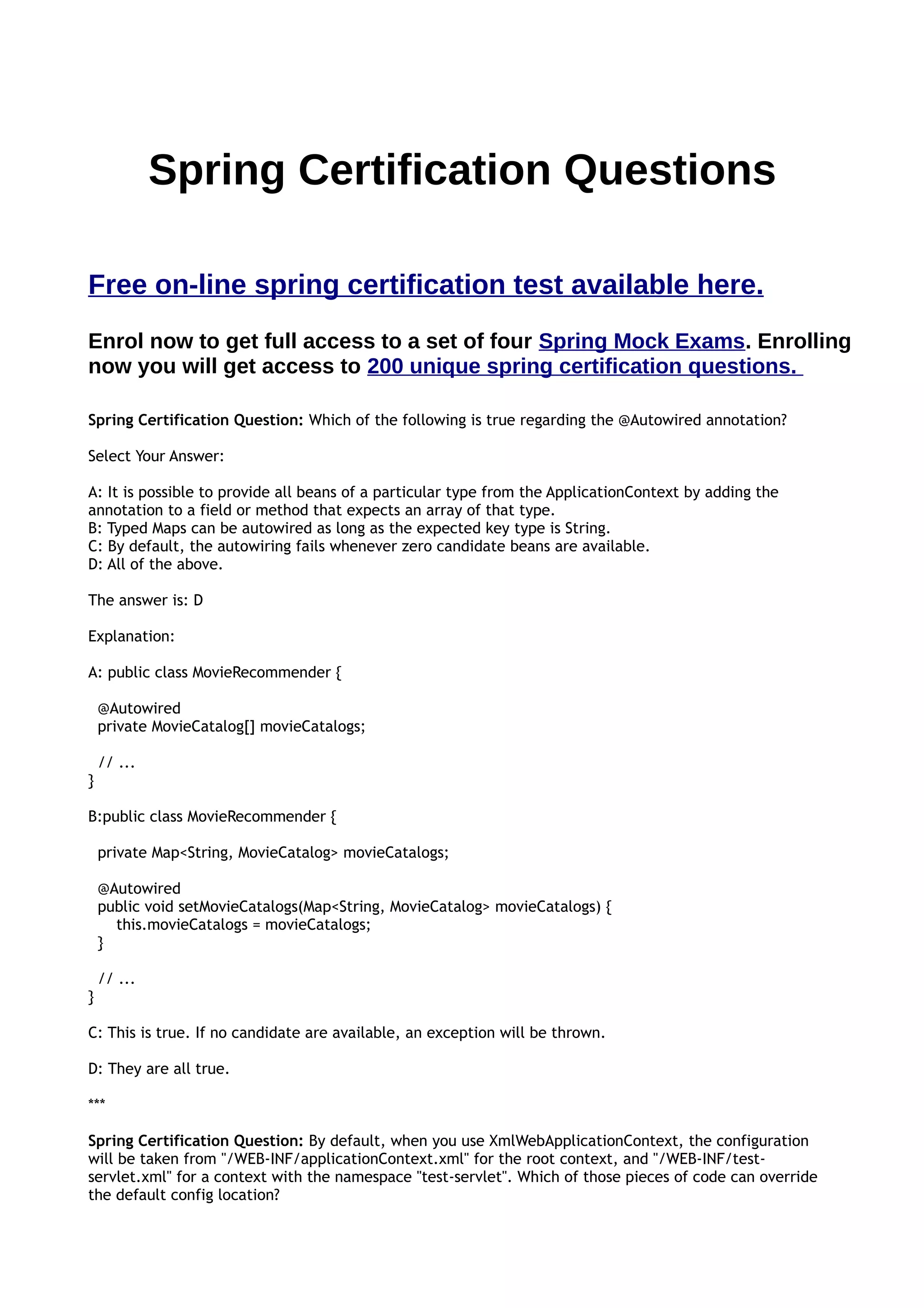 Spring Certification Questions | PDF