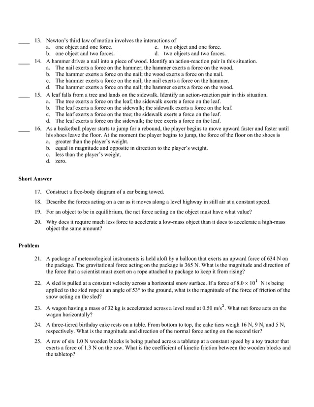 Free Body Diagrams Quiz Physics.pdf | Physics | Science