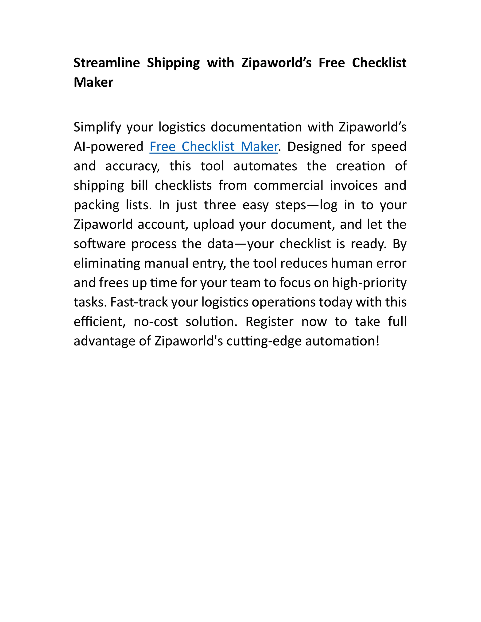 Streamline Shipping with Zipaworld’s Free Checklist Maker | PDF