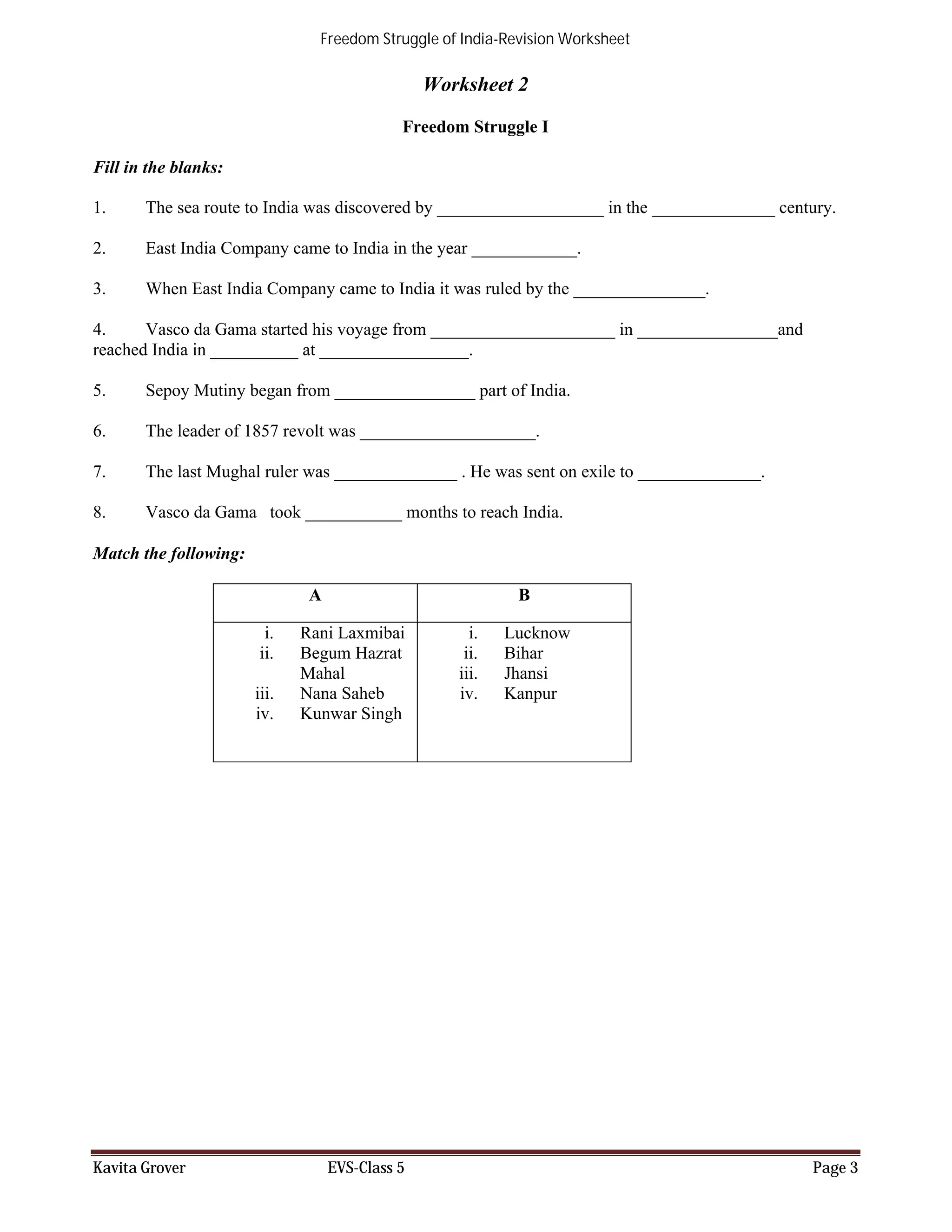 Freedom Struggle of India -Revision Worksheets | PDF