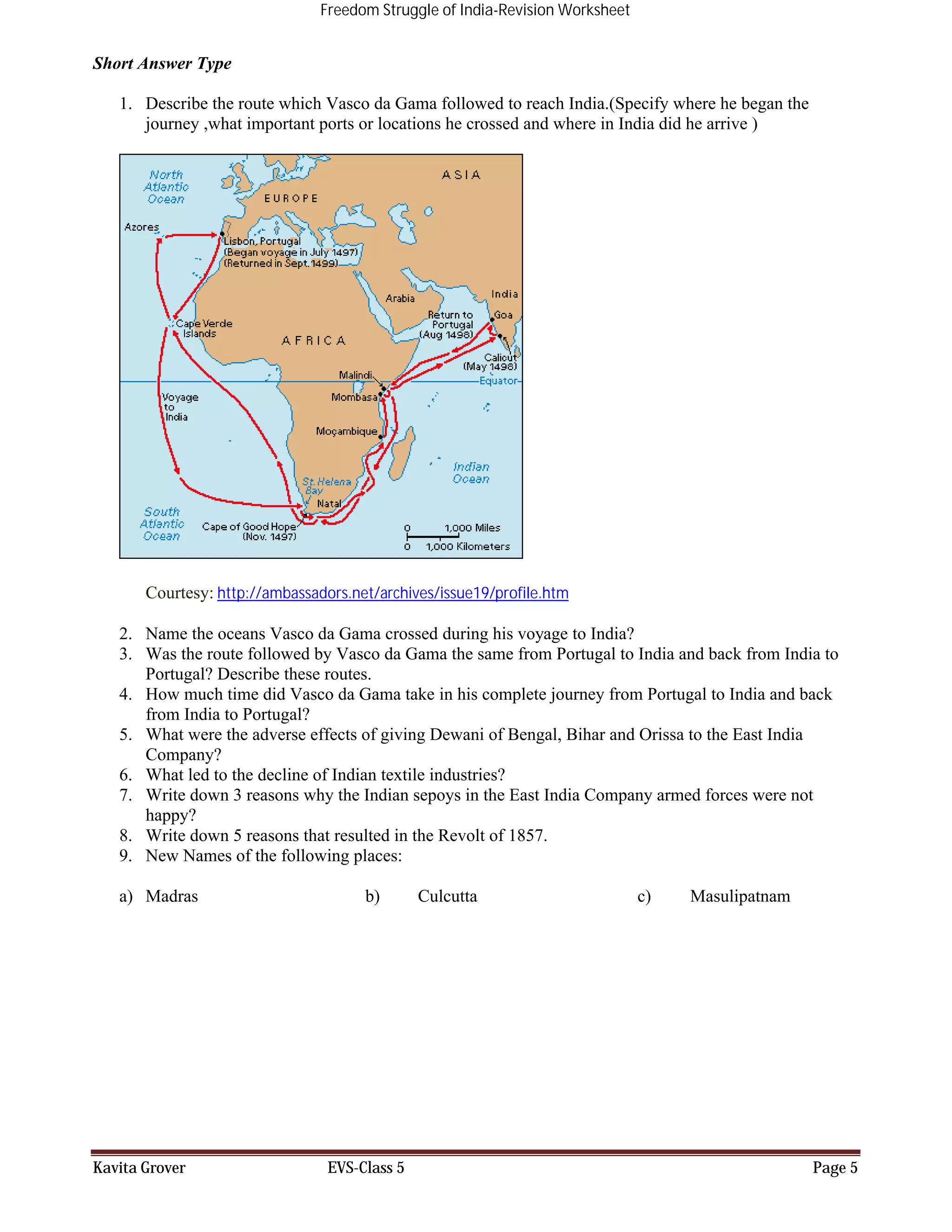 Freedom Struggle of India -Revision Worksheets | PDF