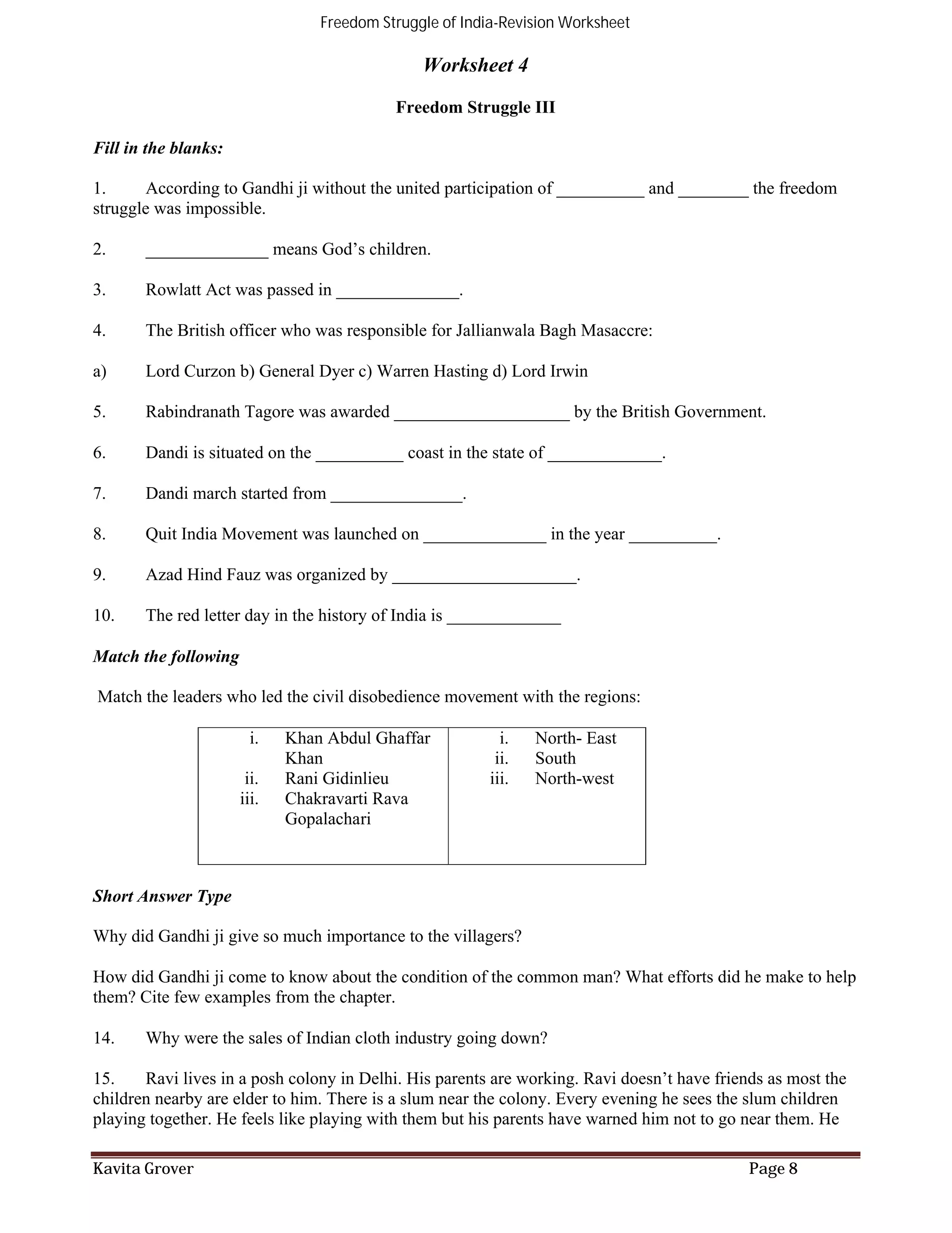 Freedom Struggle of India -Revision Worksheets | PDF