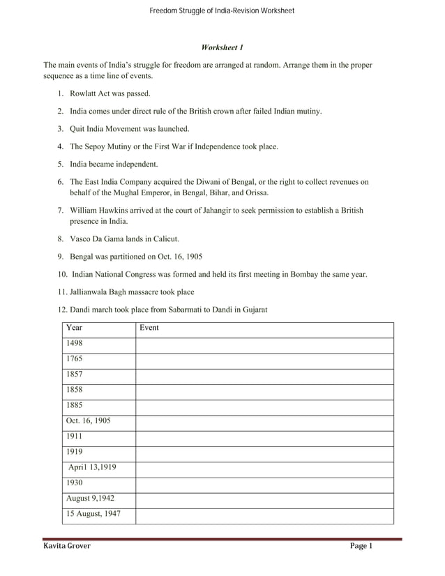 Freedom Struggle of India -Revision Worksheets | PDF | Asia Travel ...