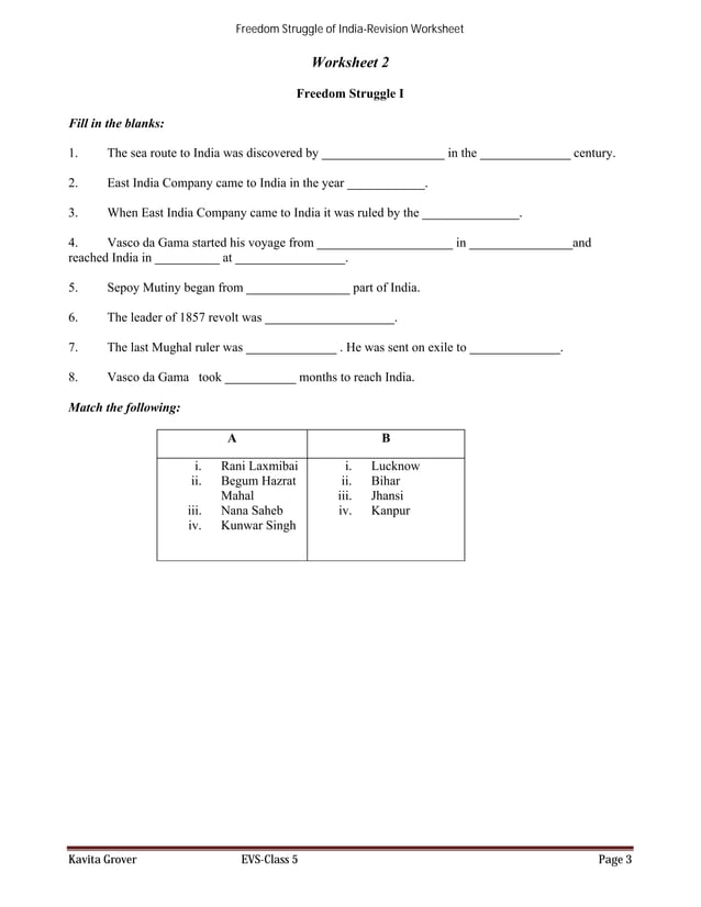 Freedom Struggle of India -Revision Worksheets | PDF | Asia Travel ...