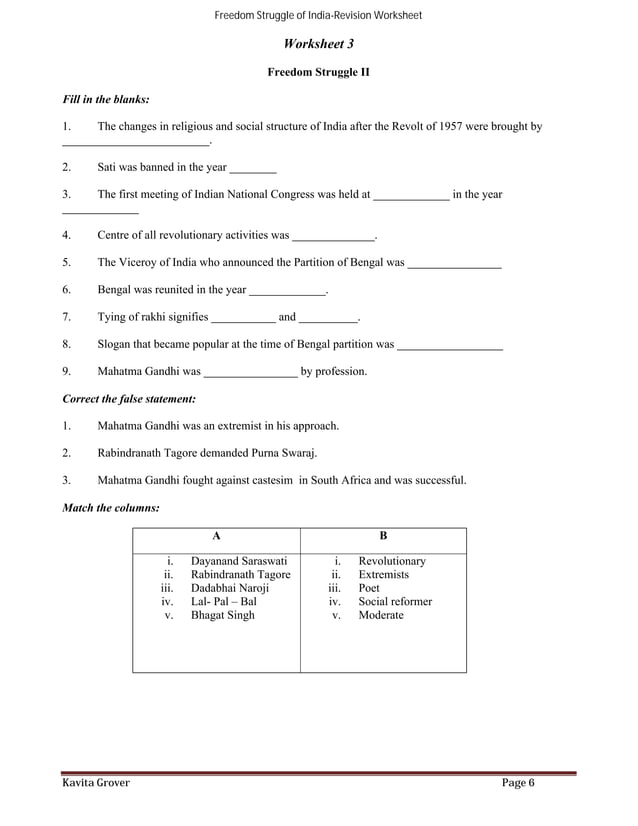 Freedom Struggle of India -Revision Worksheets | PDF | Asia Travel ...