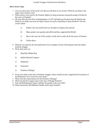 Freedom Struggle of India -Revision Worksheets | PDF