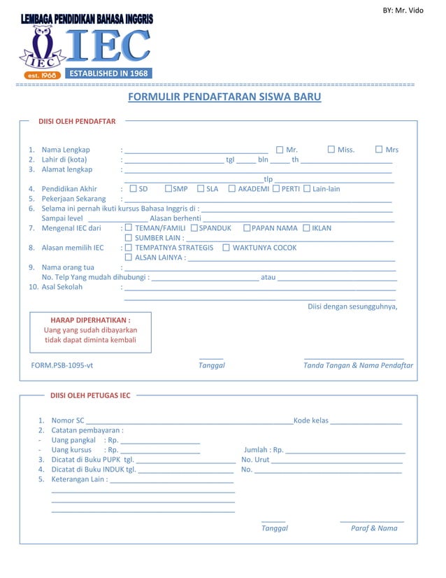 Free download formulir pendaftaran murid baru iec | PDF