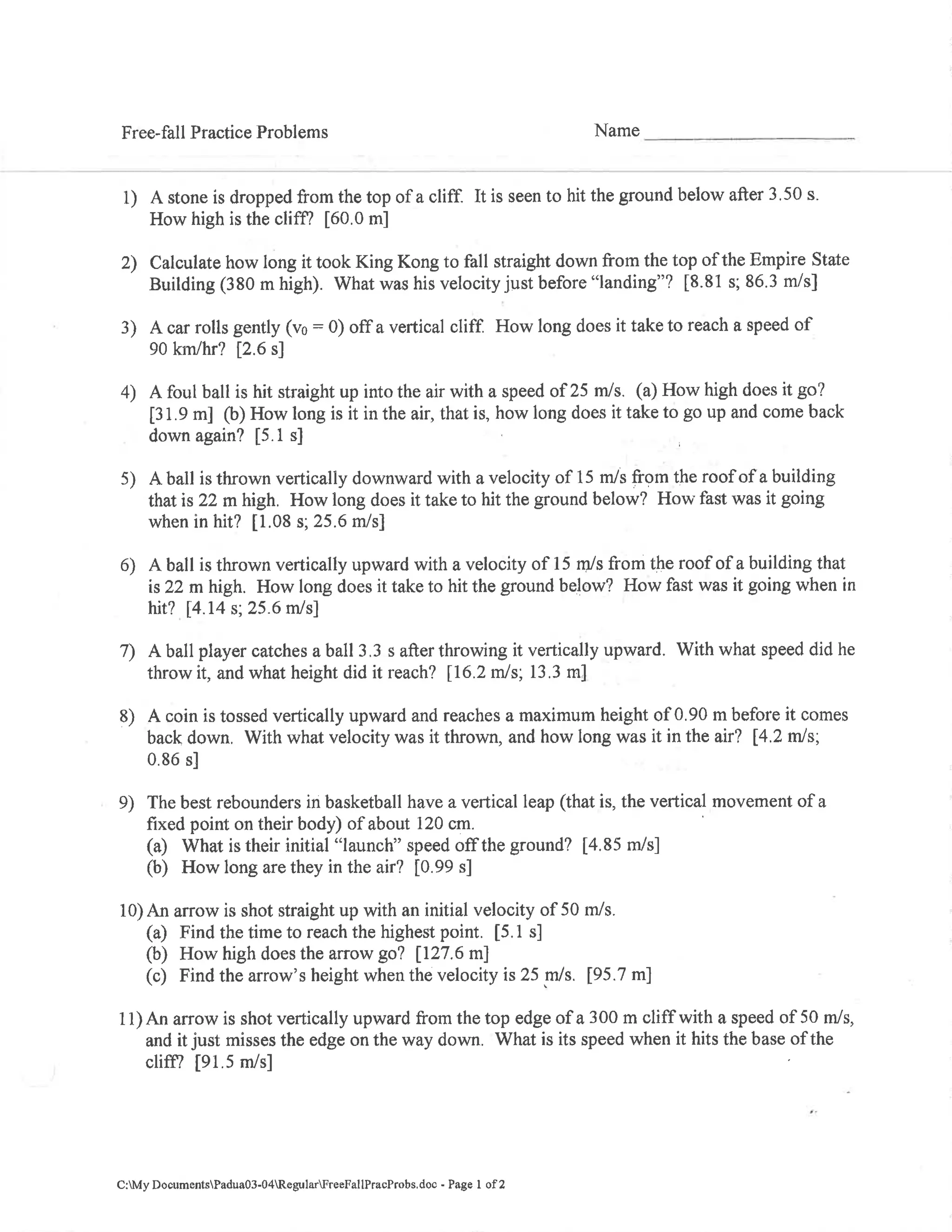 Free Fall Worksheet with answers. solve using formulas | PDF
