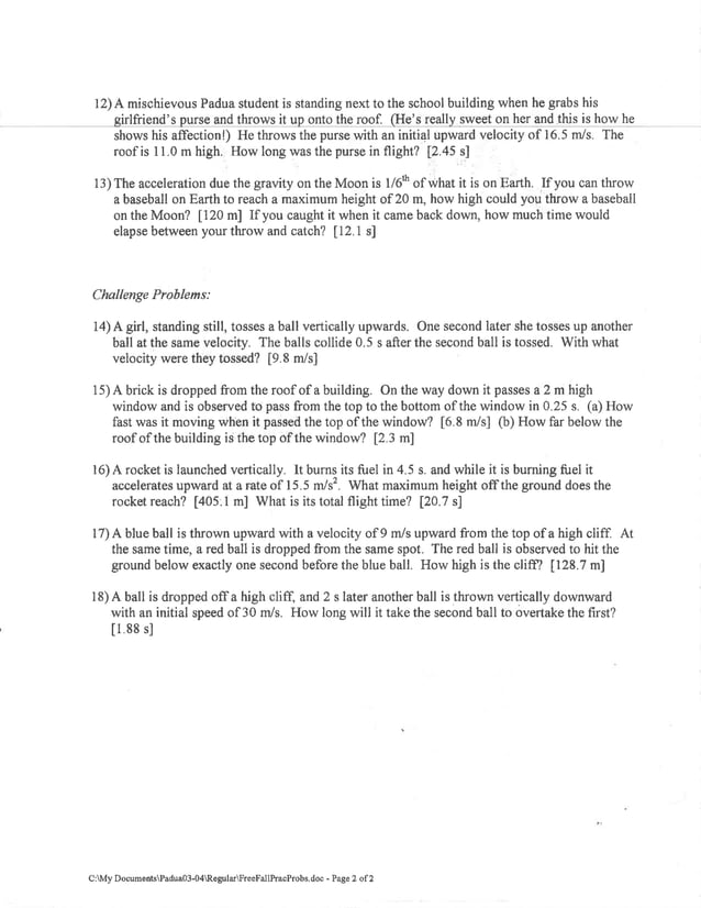 Free Fall Worksheet with answers. solve using formulas | PDF