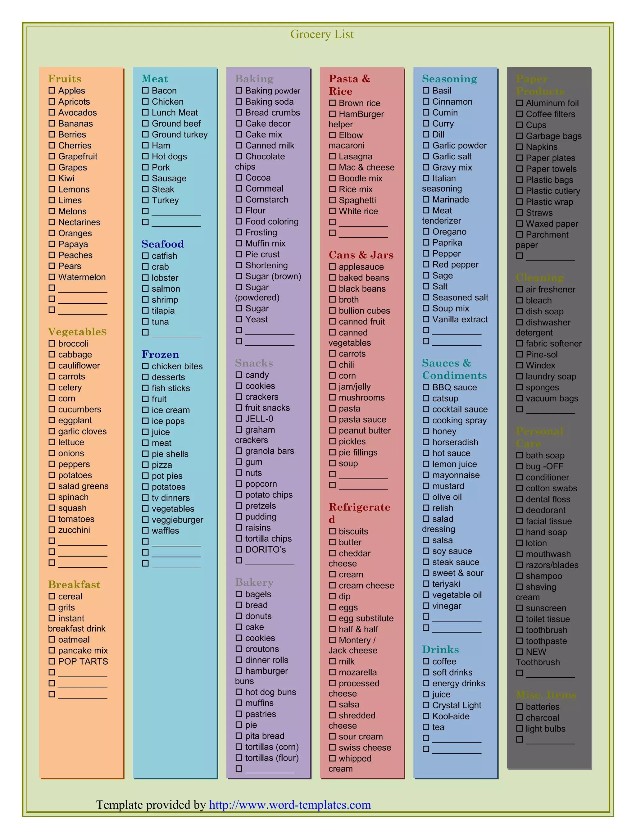Free grocery list | DOC