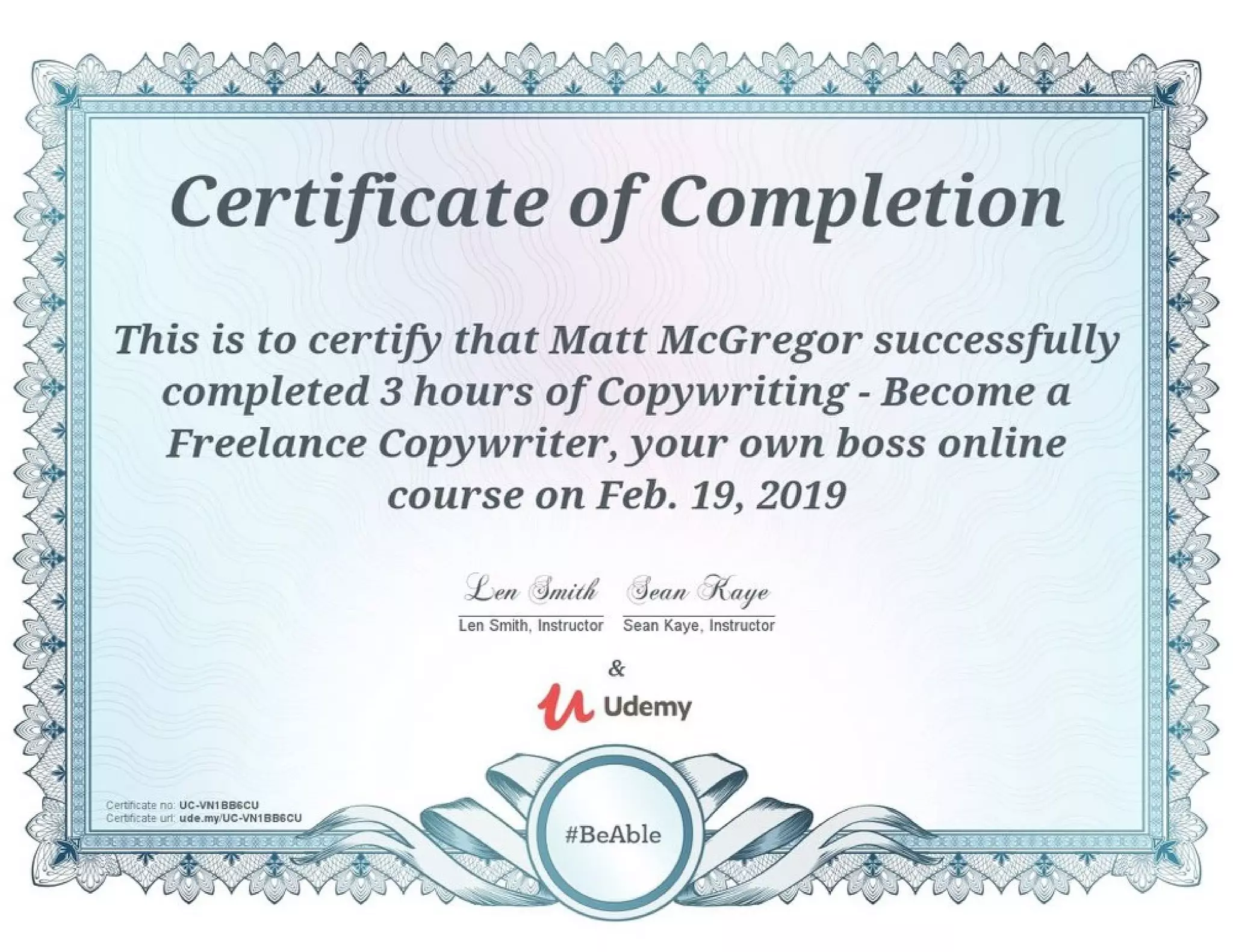 Freelance Copywriter Certificate 2019 | PDF