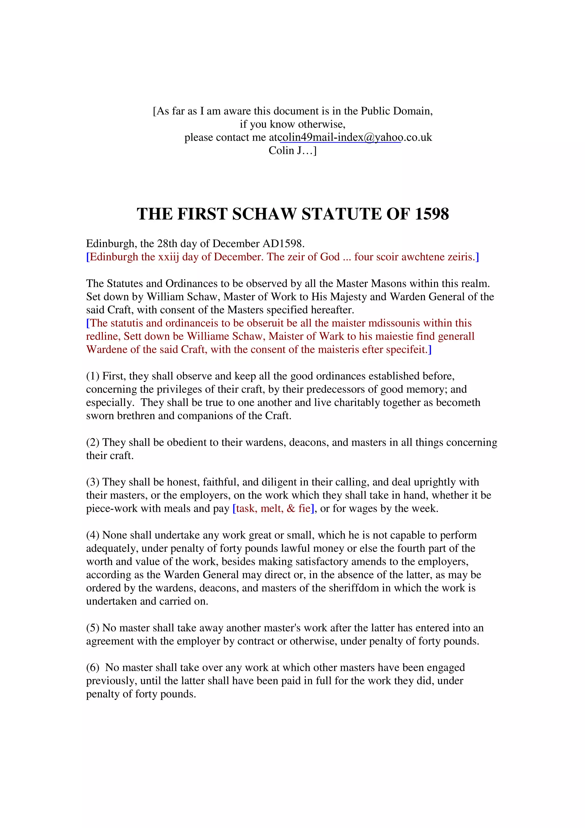 Freemasonry 166 translated schaw statutes 1st & 2nd | PDF
