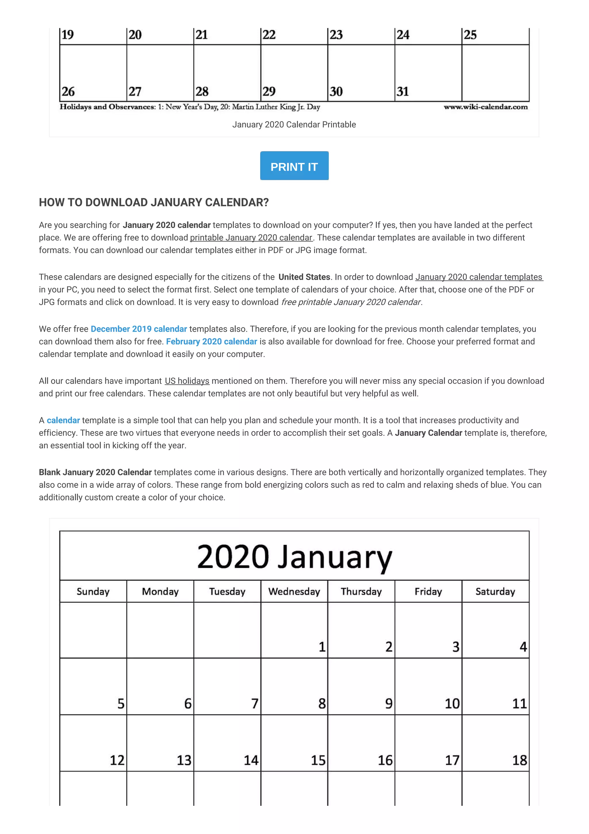 Free Printable January 2020 Calendar - Wiki Calendar Com | PDF