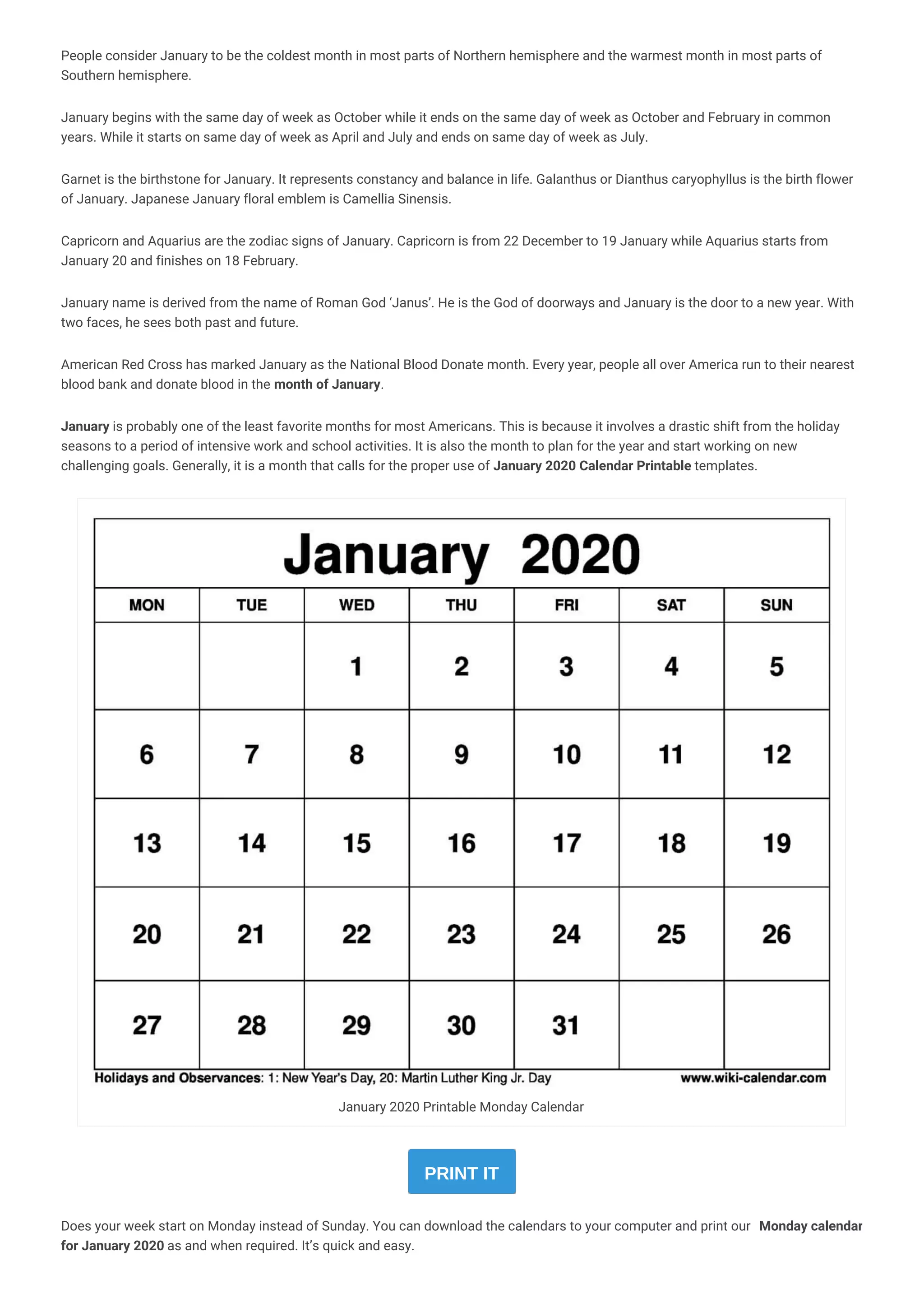 Free Printable January 2020 Calendar - Wiki Calendar Com | PDF
