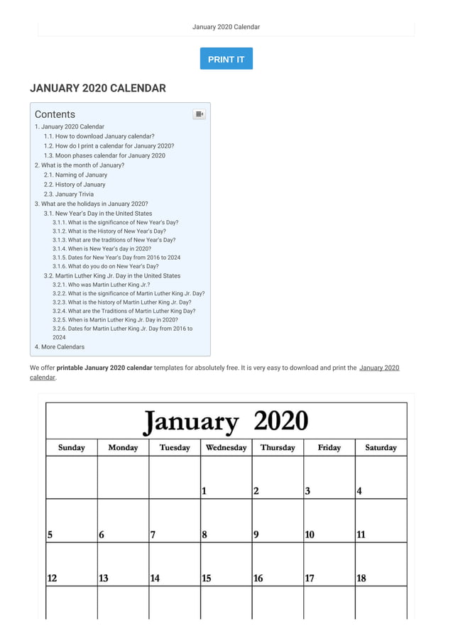 Free Printable January 2020 Calendar - Wiki Calendar Com | PDF
