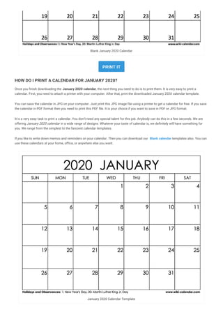 Free Printable January 2020 Calendar - Wiki Calendar Com | PDF