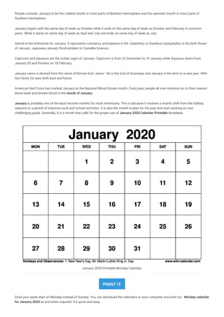 Free Printable January 2020 Calendar - Wiki Calendar Com | PDF