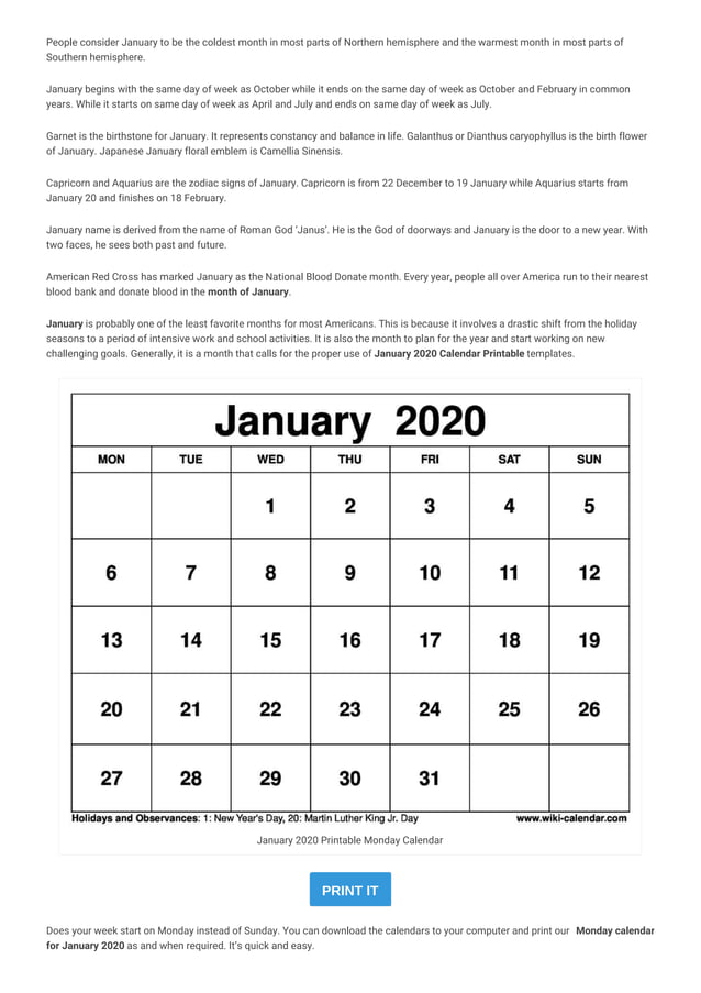 Free Printable January 2020 Calendar - Wiki Calendar Com | PDF