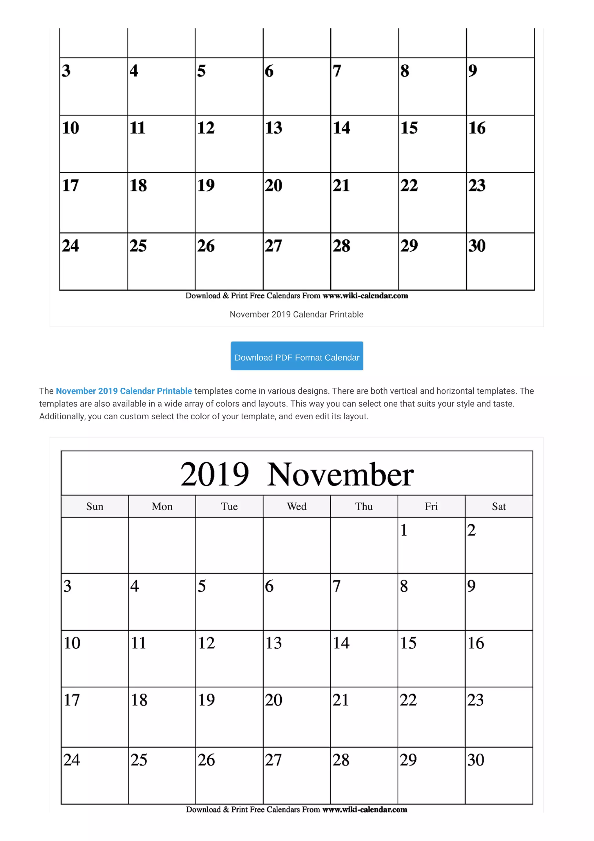 Free Printable November 2019 Calendar - Wiki Calendar | PDF