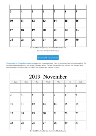 Free Printable November 2019 Calendar - Wiki Calendar | PDF