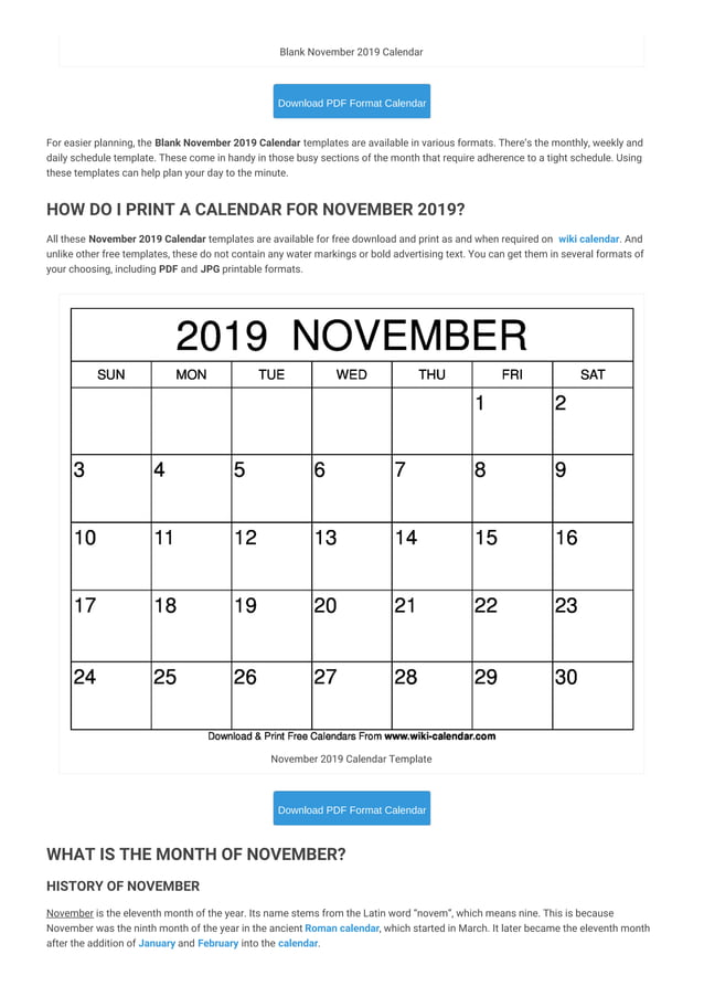 Free Printable November 2019 Calendar - Wiki Calendar | PDF