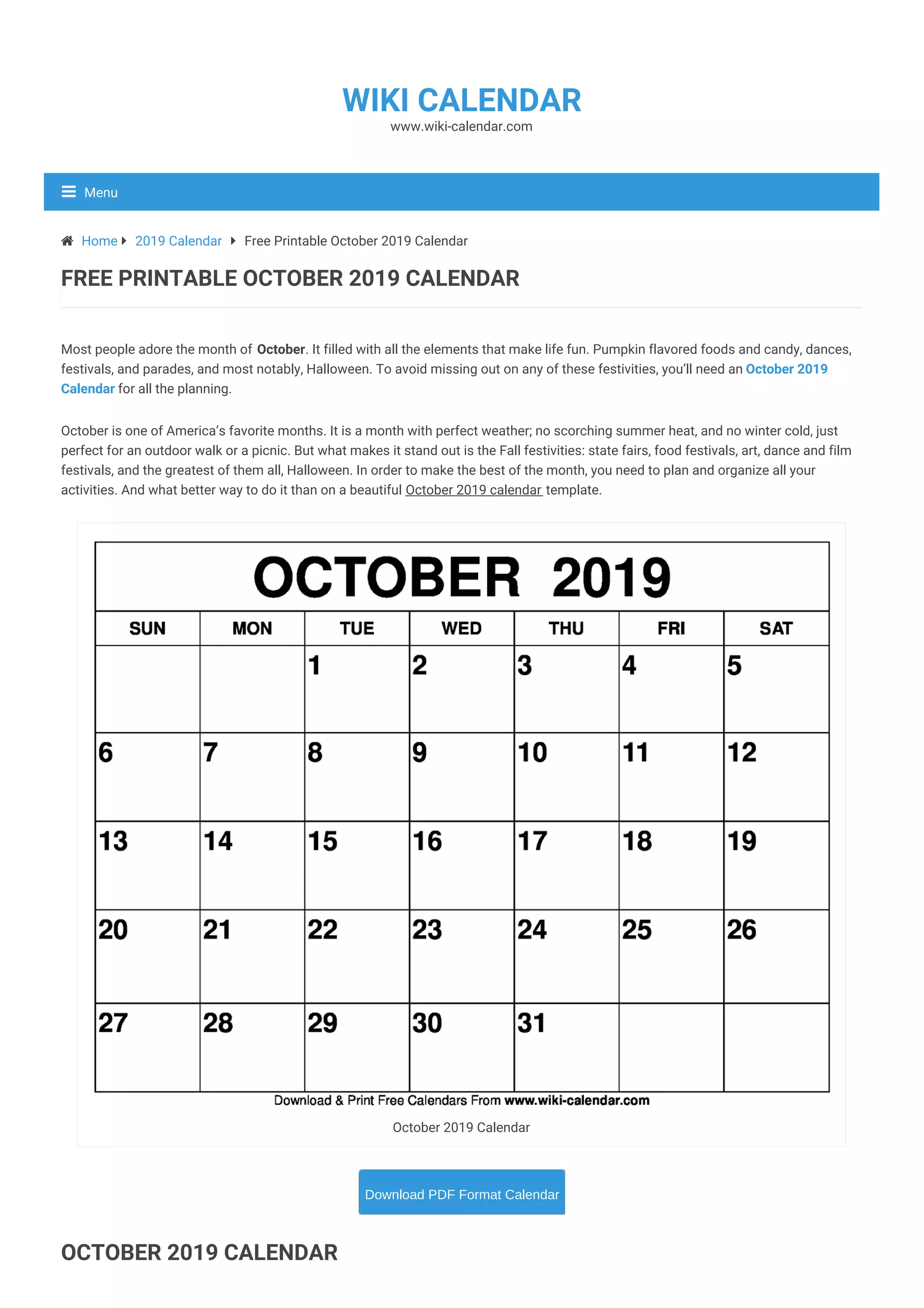 Free printable october 2019 calendar - Wiki Calendar | PDF
