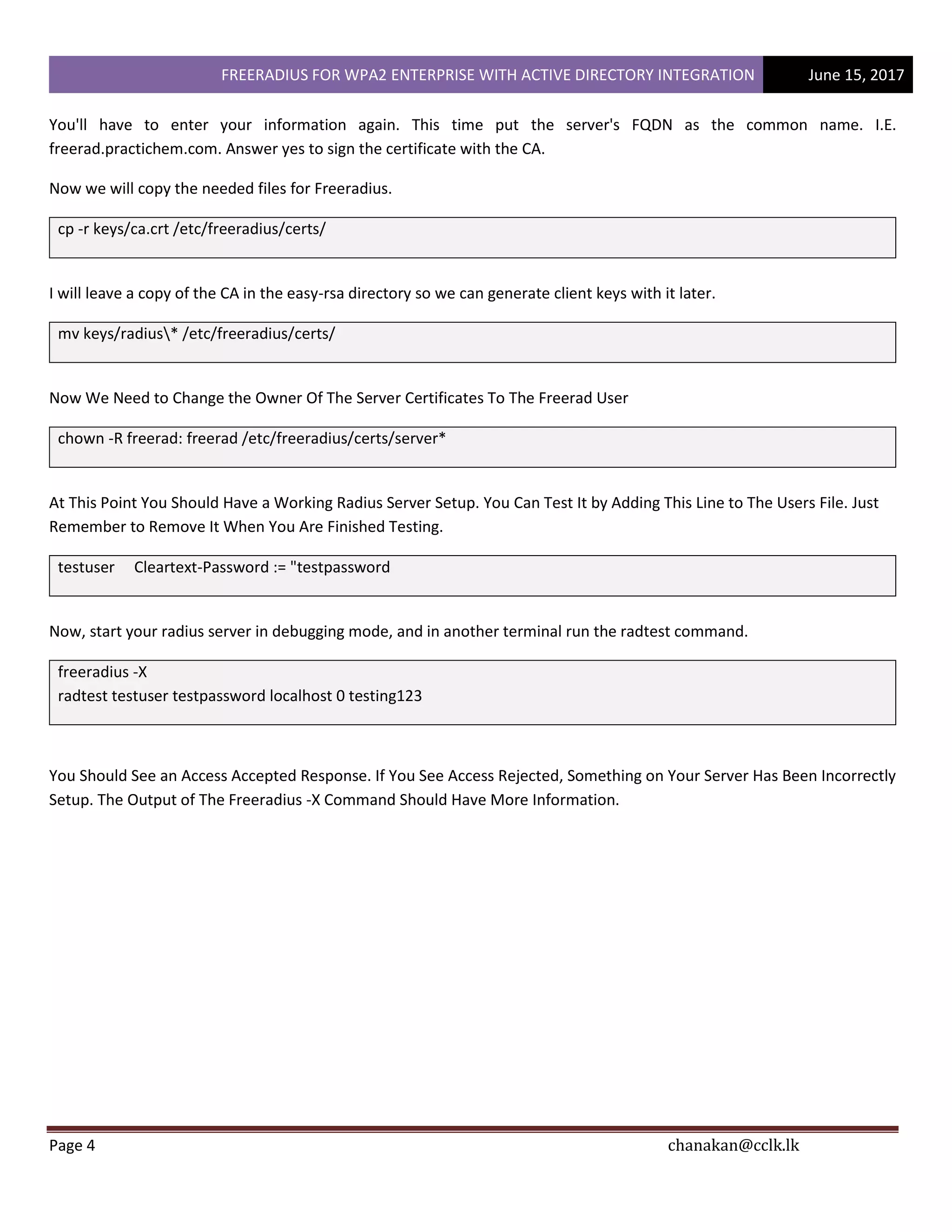 Free radius for wpa2 enterprise with active directory integration | PDF