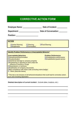 Restaurant Employee Write Up Form