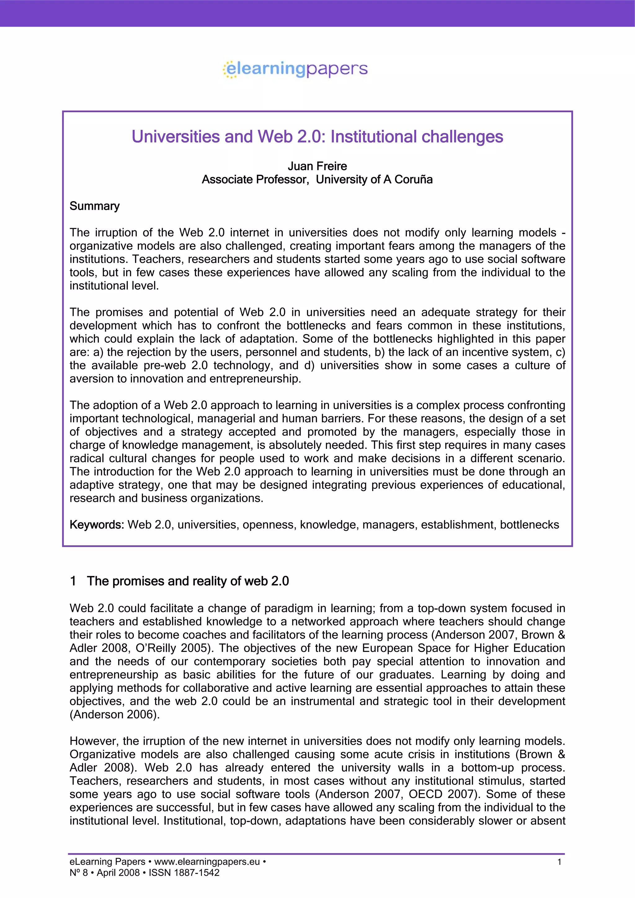 Universities and Web 2.0: Institutional challenges | PDF