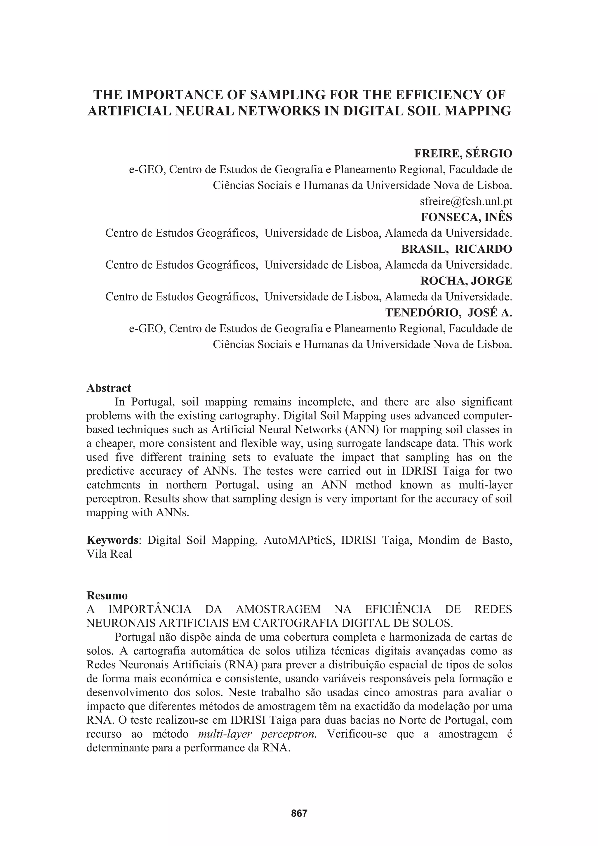 THE IMPORTANCE OF SAMPLING FOR THE EFFICIENCY OF ARTIFICIAL NEURAL NETWORKS IN DIGITAL SOIL ...