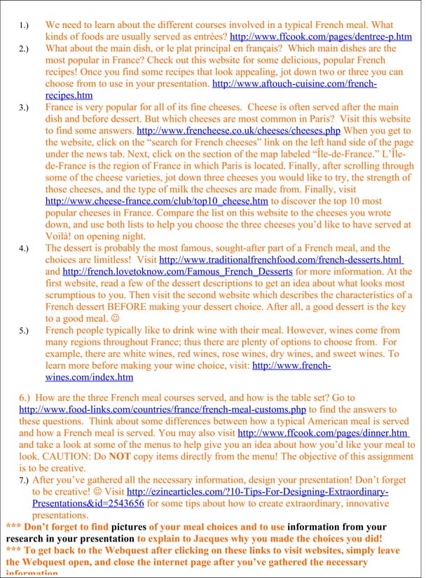 French 1 food webquest | DOC | Food & Drink