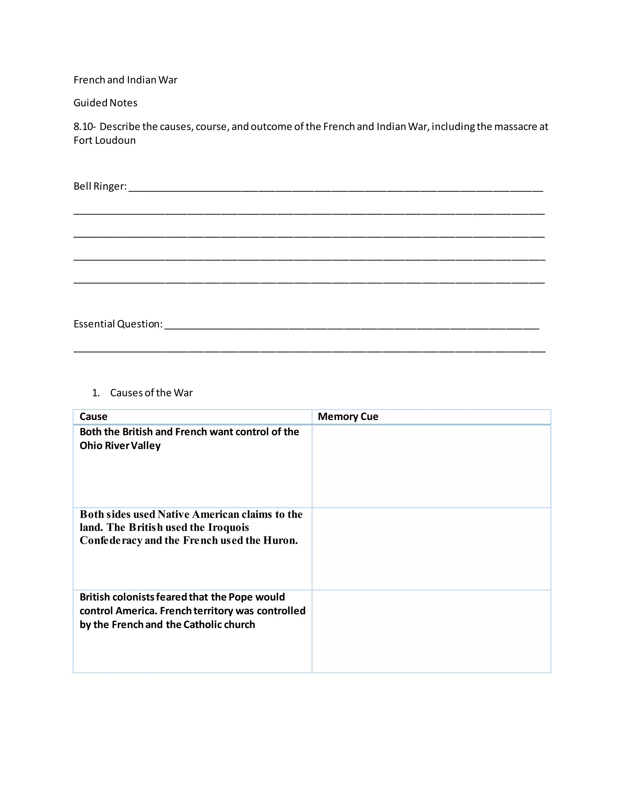 French and Indian War guided notes | DOCX