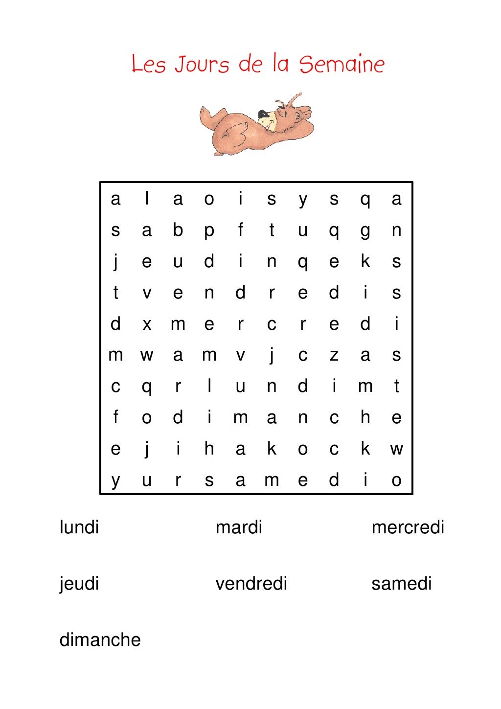 French les jours de la semaine word search