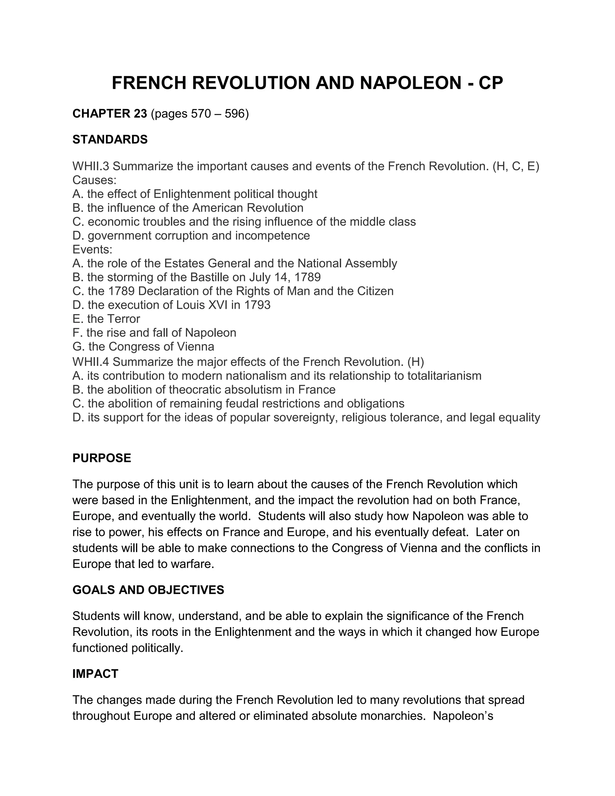 French revolution and napoleon unit outline 2010 | DOCX