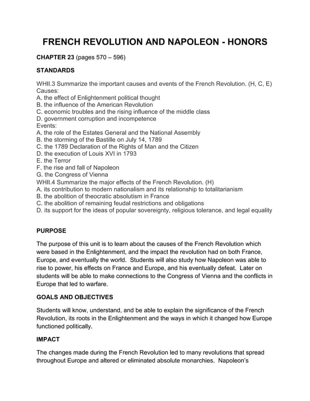 French revolution and napoleon unit outline 2010 | DOCX